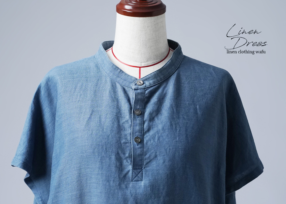 【リユース作品】スタンドカラー リネン 半袖 ワンピース / ブルーパッセ sample-a0607