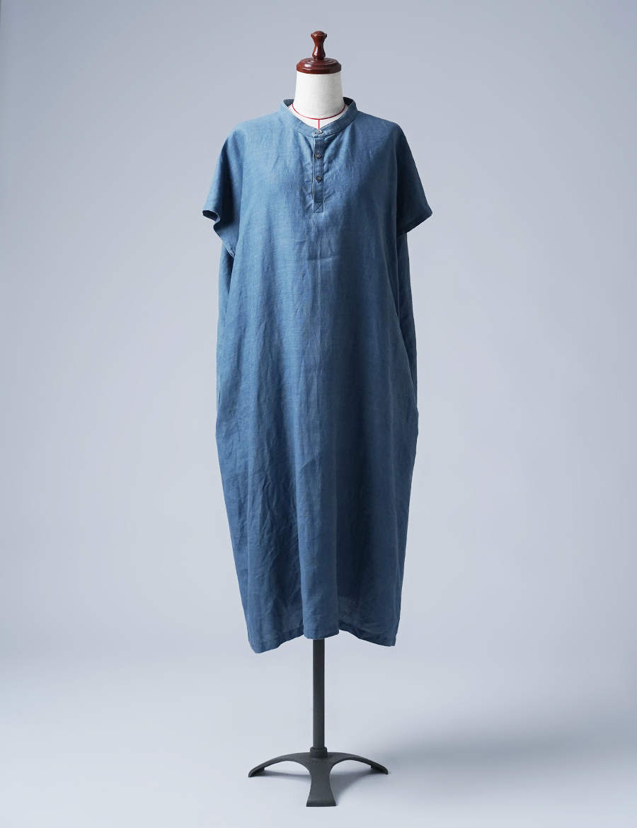 【リユース作品】スタンドカラー リネン 半袖 ワンピース / ブルーパッセ sample-a0607