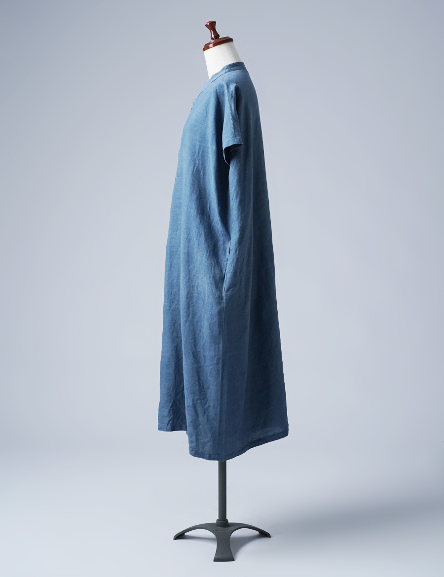 【リユース作品】スタンドカラー リネン 半袖 ワンピース / ブルーパッセ sample-a0607