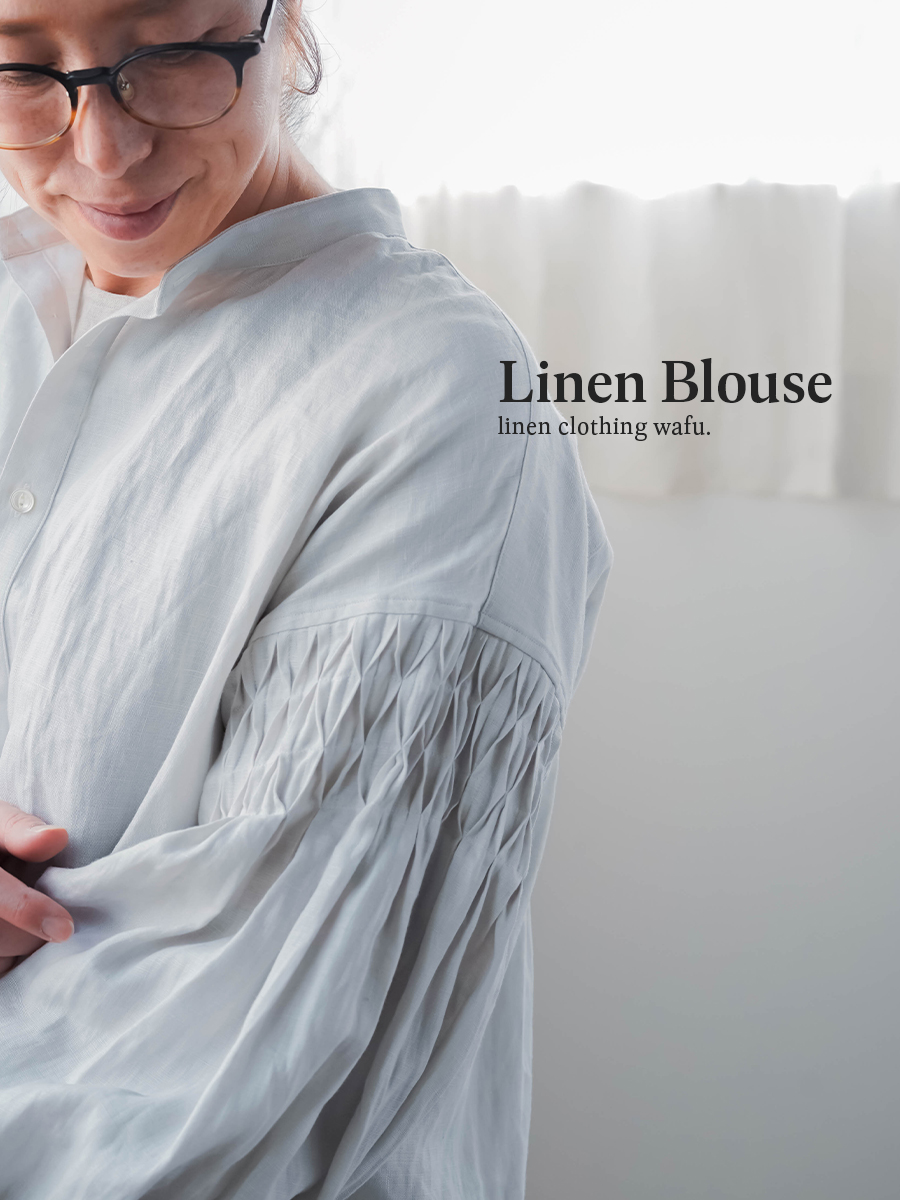 【リネンブラウス】心穏やかに生きる。波ピンタックブラウス ／ 白花色 t062b-wtw1